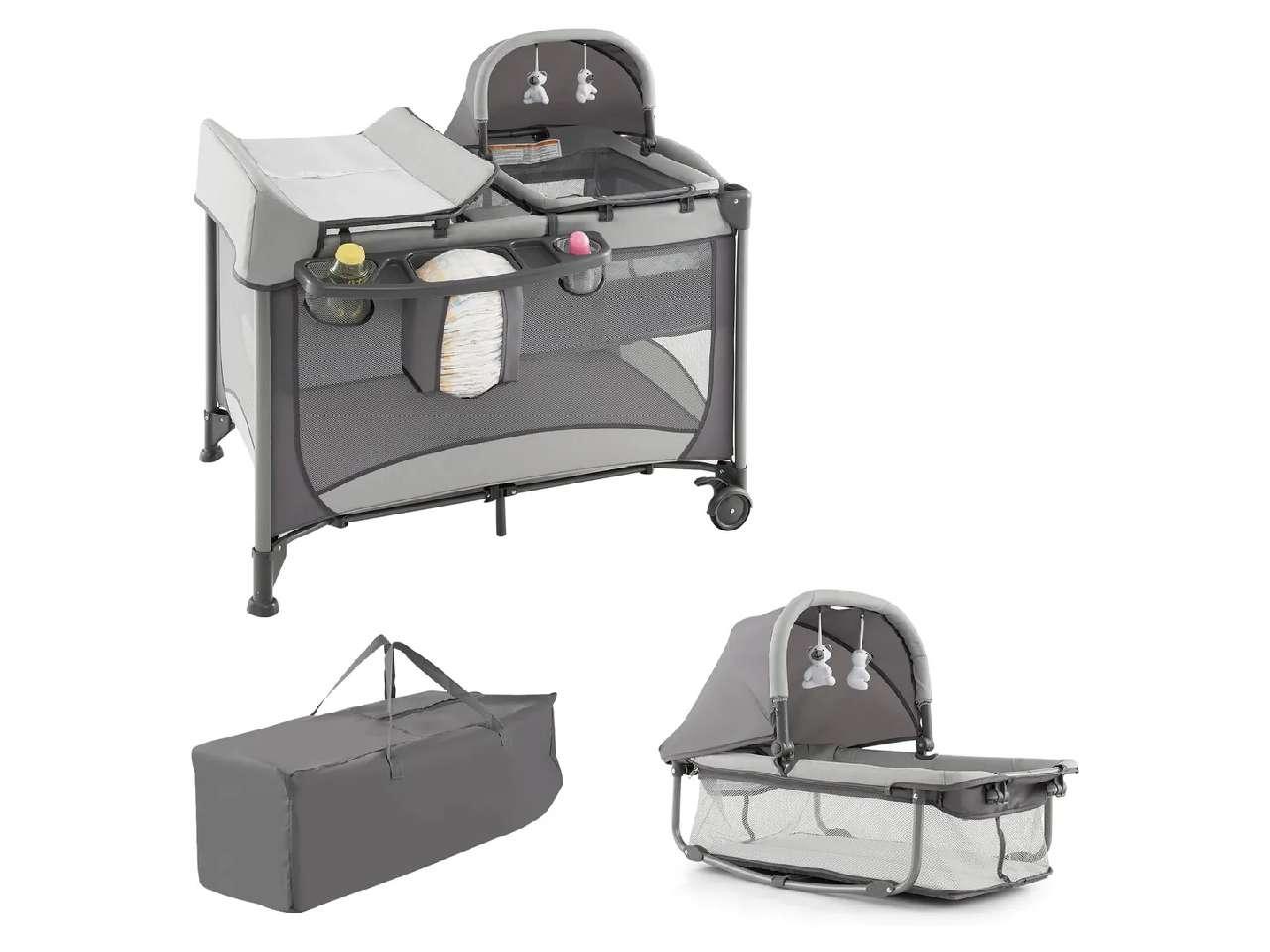 Dětská postýlka BC10071GR, 5v1, skládací cestovní postýlka a ohrádka ...
